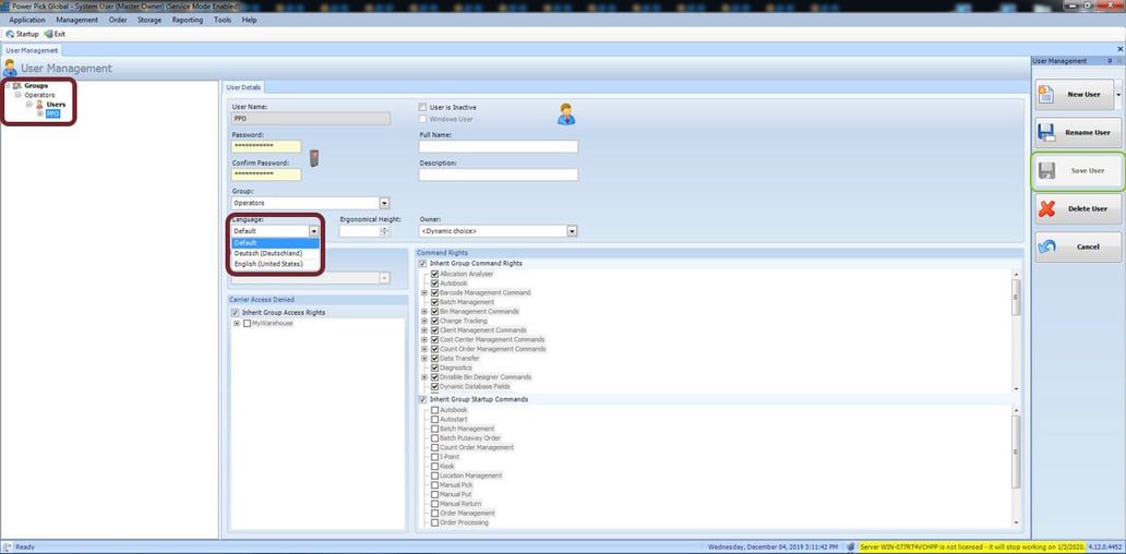 How do you change the language in the Kardex Power Pick System?