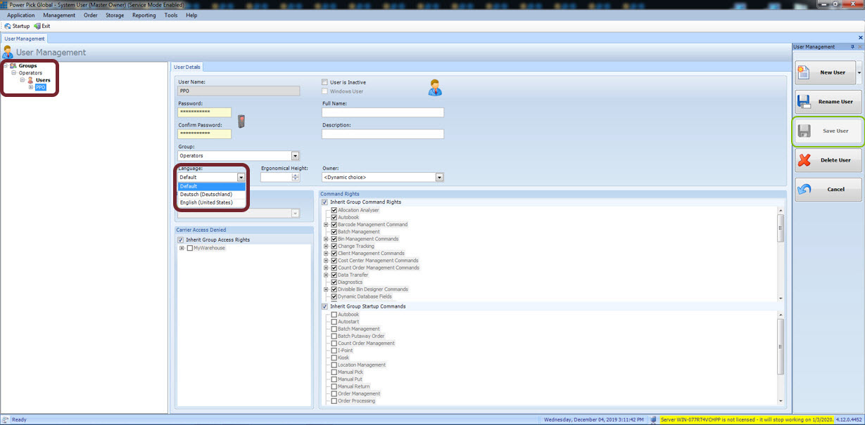 How do you change the language in the Kardex Power Pick System?